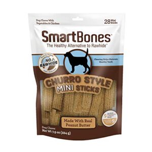 smartbones churro-style mini sticks 28 count, made with real peanut butter, rawhide-free chews for dogs