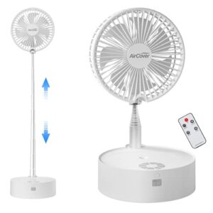 aircover 2021 8-inch foldaway oscillating fan with remote control, 3-speed, cordless rechargeable standing portable pedestal fan, 7200mah battery operated fan for home office outdoor camping travel