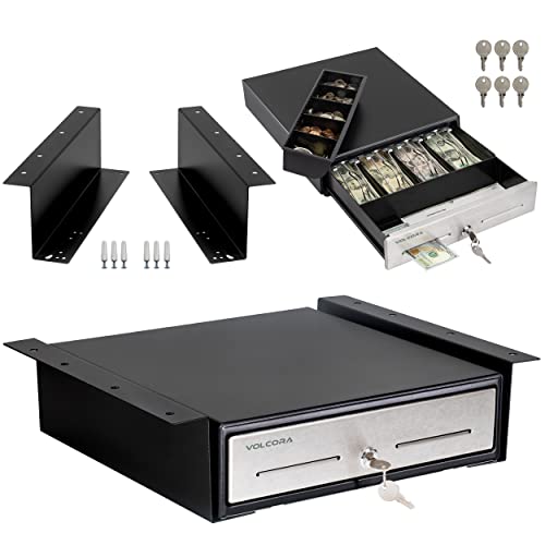 Cash Register Drawer with Under Counter Mounting Bracket - 13" Black Cash Drawer for POS, Stainless Steel Front 4 Bill 5 Coin Cash Tray, Removable Coin Tray, 24V RJ11/RJ12 Key-Lock, 2 Media Slots