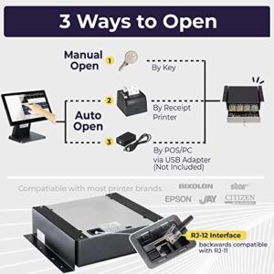 Cash Register Drawer with Under Counter Mounting Bracket - 13" Black Cash Drawer for POS, Stainless Steel Front 4 Bill 5 Coin Cash Tray, Removable Coin Tray, 24V RJ11/RJ12 Key-Lock, 2 Media Slots