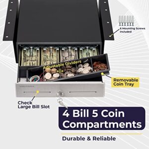 Cash Register Drawer with Under Counter Mounting Bracket - 13" Black Cash Drawer for POS, Stainless Steel Front 4 Bill 5 Coin Cash Tray, Removable Coin Tray, 24V RJ11/RJ12 Key-Lock, 2 Media Slots