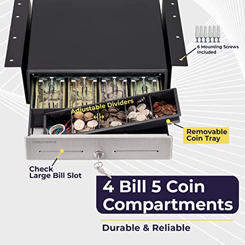 Cash Register Drawer with Under Counter Mounting Bracket - 13" Black Cash Drawer for POS, Stainless Steel Front 4 Bill 5 Coin Cash Tray, Removable Coin Tray, 24V RJ11/RJ12 Key-Lock, 2 Media Slots