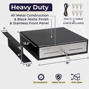 Cash Register Drawer with Under Counter Mounting Bracket - 13" Black Cash Drawer for POS, Stainless Steel Front 4 Bill 5 Coin Cash Tray, Removable Coin Tray, 24V RJ11/RJ12 Key-Lock, 2 Media Slots