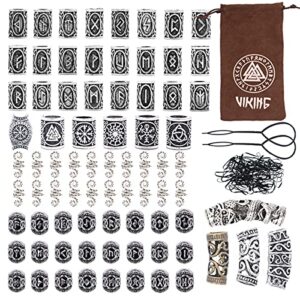 81pcs hair tube beads norse vikings runes hair beard beads for bracelets pendant necklace diy,braiding beads for hair braids viking beads kits(include 2pcs pull hair pin & viking suede bag)