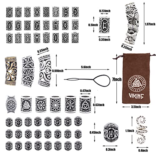 81Pcs Hair Tube Beads Norse Vikings Runes Hair Beard Beads for Bracelets Pendant Necklace DIY,Braiding Beads for Hair Braids Viking Beads Kits(Include 2Pcs Pull Hair Pin & Viking Suede Bag)