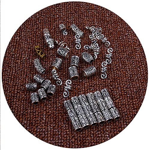 81Pcs Hair Tube Beads Norse Vikings Runes Hair Beard Beads for Bracelets Pendant Necklace DIY,Braiding Beads for Hair Braids Viking Beads Kits(Include 2Pcs Pull Hair Pin & Viking Suede Bag)