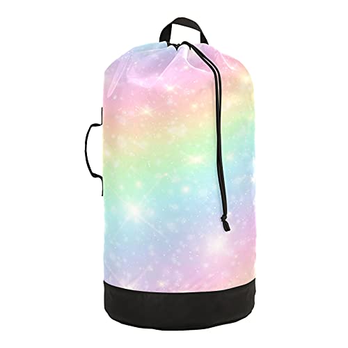 OTVEE Rainbow Pastel Clouds and Sky Laundry Backpack Bag, Large Laundry Bag with Straps for College, Apartment