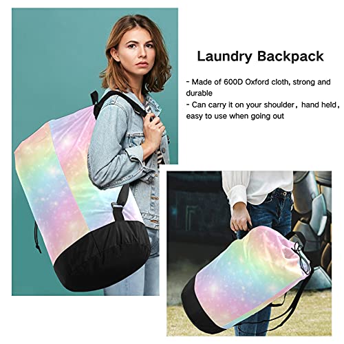 OTVEE Rainbow Pastel Clouds and Sky Laundry Backpack Bag, Large Laundry Bag with Straps for College, Apartment