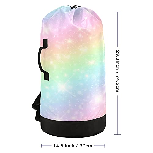 OTVEE Rainbow Pastel Clouds and Sky Laundry Backpack Bag, Large Laundry Bag with Straps for College, Apartment