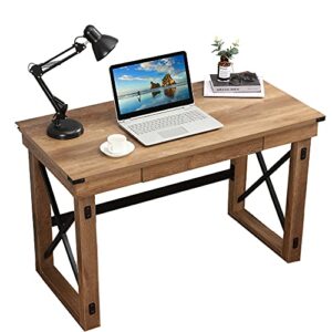 lokatse home rustic furniture sturdy modern computer table for home office, wood and metal writing desk with drawer, natural