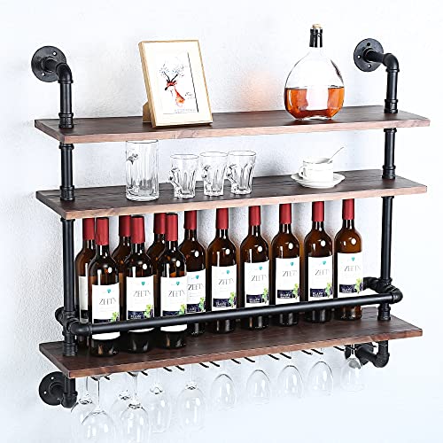 SULIANG Industrial Hanging Wine Glass Rack Wall Mounted,36in Pipe Shelf Wine Rack with 9 Glass Holder,Rustic Wine Glass Holder Stemware Racks,Pipe Shelving Wood Shelves Floating Wine Glass Shelf