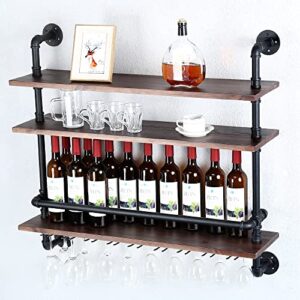 SULIANG Industrial Hanging Wine Glass Rack Wall Mounted,36in Pipe Shelf Wine Rack with 9 Glass Holder,Rustic Wine Glass Holder Stemware Racks,Pipe Shelving Wood Shelves Floating Wine Glass Shelf