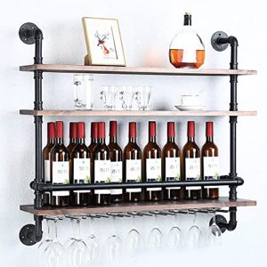 SULIANG Industrial Hanging Wine Glass Rack Wall Mounted,36in Pipe Shelf Wine Rack with 9 Glass Holder,Rustic Wine Glass Holder Stemware Racks,Pipe Shelving Wood Shelves Floating Wine Glass Shelf