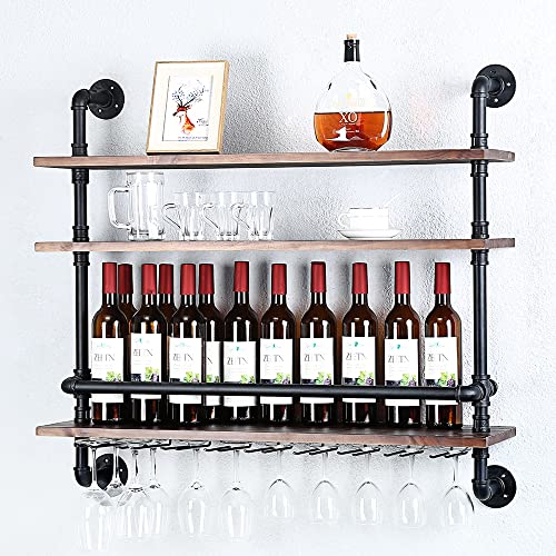 SULIANG Industrial Hanging Wine Glass Rack Wall Mounted,36in Pipe Shelf Wine Rack with 9 Glass Holder,Rustic Wine Glass Holder Stemware Racks,Pipe Shelving Wood Shelves Floating Wine Glass Shelf