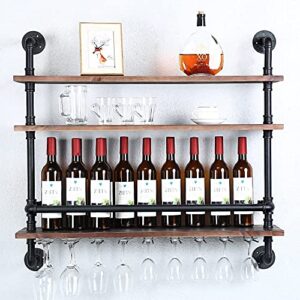 SULIANG Industrial Hanging Wine Glass Rack Wall Mounted,36in Pipe Shelf Wine Rack with 9 Glass Holder,Rustic Wine Glass Holder Stemware Racks,Pipe Shelving Wood Shelves Floating Wine Glass Shelf