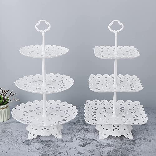 Set of 2 White 3-Tier Cupcake Dessert Stand with Base, Fruits Desserts Candy Sweets Buffet Display Plate Decor Serving Platter for Tea Party Wedding Birthday Baby Shower Celebration Home Decoration