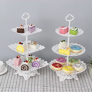 Set of 2 White 3-Tier Cupcake Dessert Stand with Base, Fruits Desserts Candy Sweets Buffet Display Plate Decor Serving Platter for Tea Party Wedding Birthday Baby Shower Celebration Home Decoration