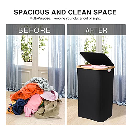 ACECHA 88L Bamboo Laundry Hamper with Lid, Collapsible Large Baskets with Lids | Handle, Water-proof Dirty Clothes Basket for Bedroom, Bathroom (Black)