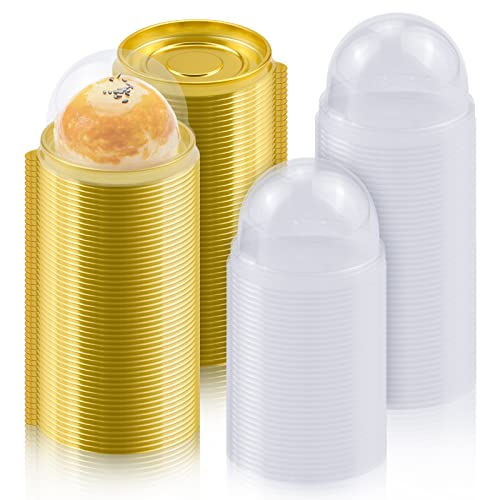 Pralb 100 Set Clear Plastic Mini Cupcake Boxes Muffin Pod Dome Muffin Single Container Box Wedding Birthday Gifts Supplies,3.1“ X 2” for Cheese Pastry Dessert Mooncake (round, gold)