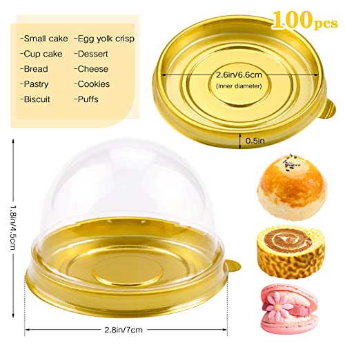 Pralb 100 Set Clear Plastic Mini Cupcake Boxes Muffin Pod Dome Muffin Single Container Box Wedding Birthday Gifts Supplies,3.1“ X 2” for Cheese Pastry Dessert Mooncake (round, gold)