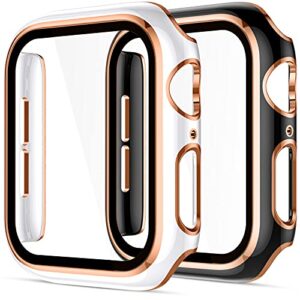 charlam compatible with apple watch case 44mm se series 6 5 4 with tempered glass screen protector, 2 pack classy slim overall guard case cover, rose gold edge black & rose gold edge white bumper