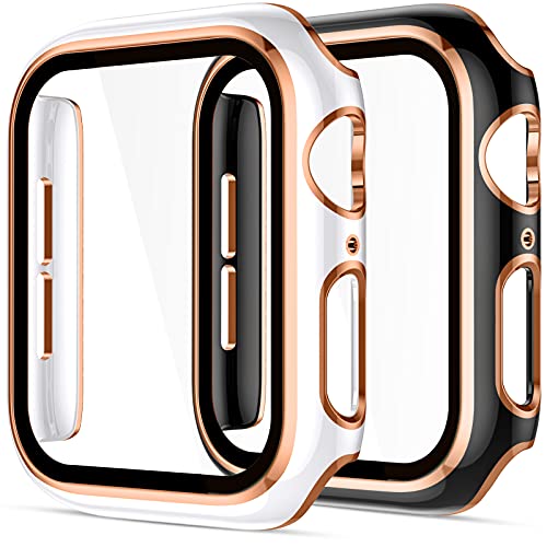 Charlam Compatible with Apple Watch Case 44mm SE Series 6 5 4 with Tempered Glass Screen Protector, 2 Pack Classy Slim Overall Guard Case Cover, Rose Gold Edge Black & Rose Gold Edge White Bumper