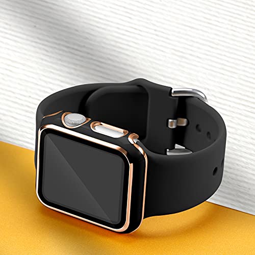 Charlam Compatible with Apple Watch Case 44mm SE Series 6 5 4 with Tempered Glass Screen Protector, 2 Pack Classy Slim Overall Guard Case Cover, Rose Gold Edge Black & Rose Gold Edge White Bumper