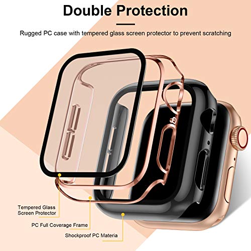 Charlam Compatible with Apple Watch Case 44mm SE Series 6 5 4 with Tempered Glass Screen Protector, 2 Pack Classy Slim Overall Guard Case Cover, Rose Gold Edge Black & Rose Gold Edge White Bumper