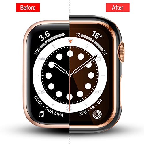 Charlam Compatible with Apple Watch Case 44mm SE Series 6 5 4 with Tempered Glass Screen Protector, 2 Pack Classy Slim Overall Guard Case Cover, Rose Gold Edge Black & Rose Gold Edge White Bumper