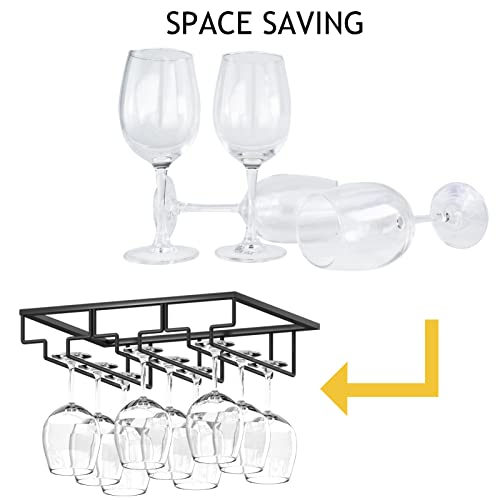 Wine Glass Rack, 2 Pack Under Cabinet Stemware Rack Wine Glass Holder, 3 Rows Black Metal Wine Glass Storage Hanger Under Shelf for Cabinet Kitchen Bar