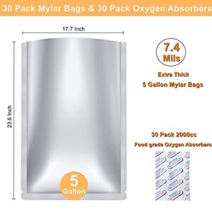 Ztalee 30 Pack 5 GALLON Mylar Bags (7.4 Mil) and 30x 2000cc Oxygen Absorbers, Airtight Vacuum Sealing Sealable Mylar Bags for Long Term Food Storage, for Grains, Wheat, Rice, Dry Aging Bags for Meat (17.7x23.6 Inch)