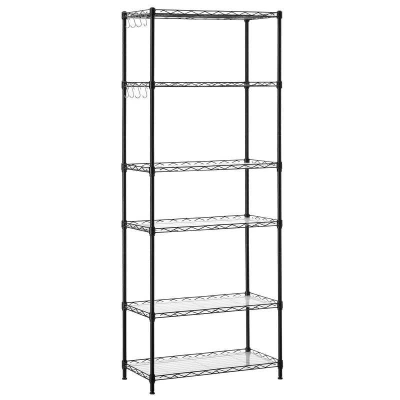 SONGMICS 6-Tier Metal Storage Shelves, Wire Shelving Unit, Adjustable Shelves, Garage Shelving, Kitchen, Living Room Storage Rack, Shelf Liners, 8 Hooks, Total Max. Load 264 lb, Black ULGR066B01