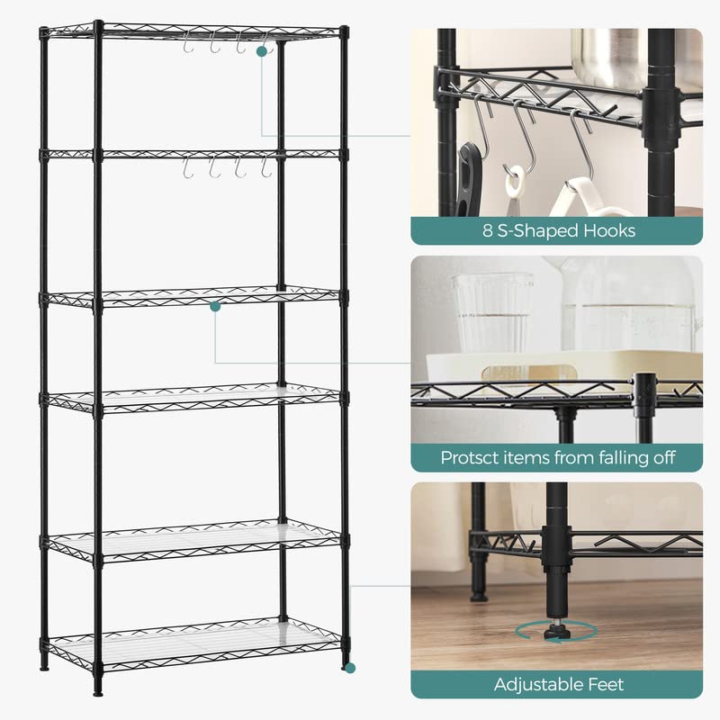 SONGMICS 6-Tier Metal Storage Shelves, Wire Shelving Unit, Adjustable Shelves, Garage Shelving, Kitchen, Living Room Storage Rack, Shelf Liners, 8 Hooks, Total Max. Load 264 lb, Black ULGR066B01