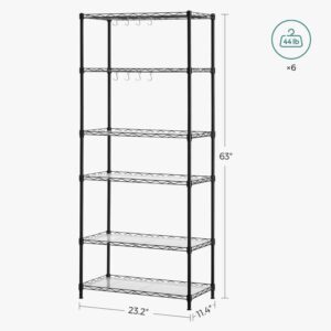 SONGMICS 6-Tier Metal Storage Shelves, Wire Shelving Unit, Adjustable Shelves, Garage Shelving, Kitchen, Living Room Storage Rack, Shelf Liners, 8 Hooks, Total Max. Load 264 lb, Black ULGR066B01