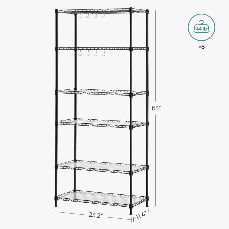 SONGMICS 6-Tier Metal Storage Shelves, Wire Shelving Unit, Adjustable Shelves, Garage Shelving, Kitchen, Living Room Storage Rack, Shelf Liners, 8 Hooks, Total Max. Load 264 lb, Black ULGR066B01