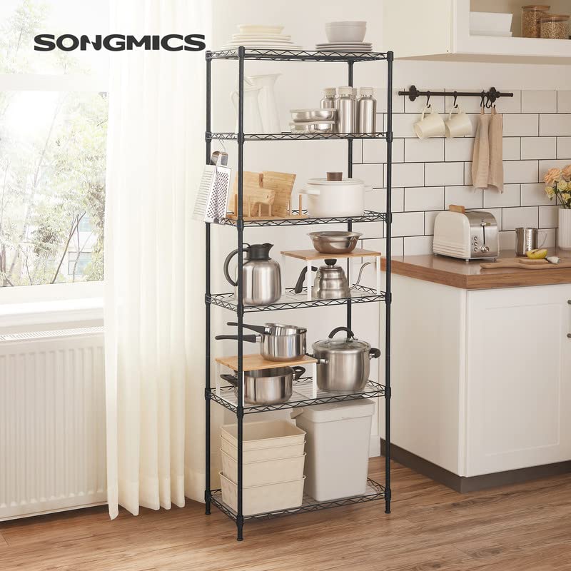 SONGMICS 6-Tier Metal Storage Shelves, Wire Shelving Unit, Adjustable Shelves, Garage Shelving, Kitchen, Living Room Storage Rack, Shelf Liners, 8 Hooks, Total Max. Load 264 lb, Black ULGR066B01