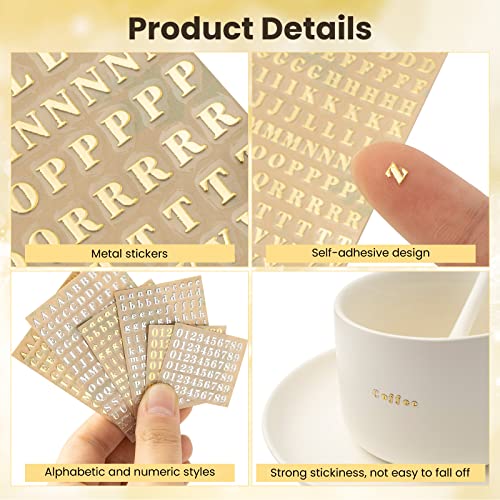 EORTA 6 Sheets 3mm Alphabet Number Stickers Mini Letters Stickers Glitter Alloy Self Adhesive Stickers for Epoxy Resin Casting Decoration DIY Crafts Scrapbook, Golden/Silvery