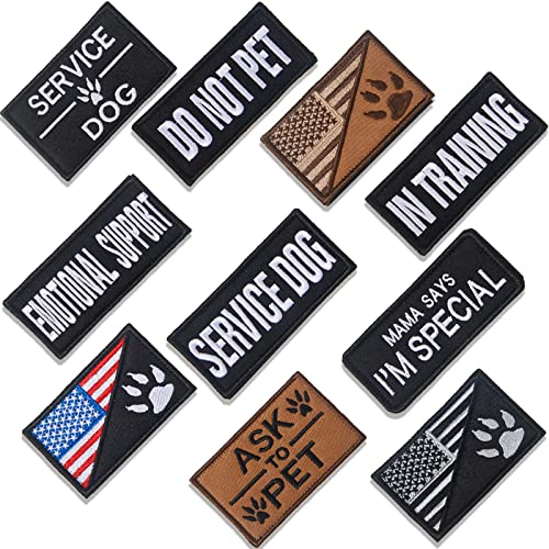 10 Pieces Service Dog Patches Ask to Do Not Pet Patch Vest Removable Tactical Pet in Training Hook and Loop Harness American Flag Patch Set (Delicate Style)