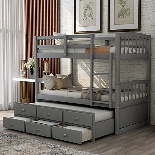 Harper & Bright Designs Twin Over Twin Bunk Bed with Trundle and Storage, Solid Wood Bunk Bed Frame with 3 Drawers for Kids, Teens, Adults (Gray)