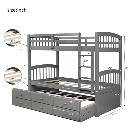 Harper & Bright Designs Twin Over Twin Bunk Bed with Trundle and Storage, Solid Wood Bunk Bed Frame with 3 Drawers for Kids, Teens, Adults (Gray)