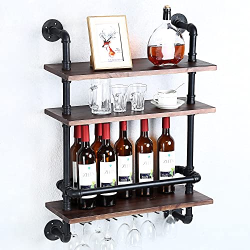 Industrial Hanging Wine Glass Rack Wall Mounted,24in Pipe Shelf Wine Rack with 5 Glass Holder,Rustic Wine Glass Holder Stemware Racks,Pipe Shelving Wood Shelves Floating Wine Glass Shelf