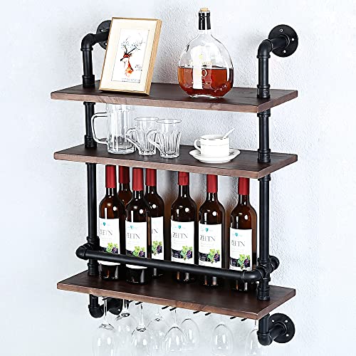 Industrial Hanging Wine Glass Rack Wall Mounted,24in Pipe Shelf Wine Rack with 5 Glass Holder,Rustic Wine Glass Holder Stemware Racks,Pipe Shelving Wood Shelves Floating Wine Glass Shelf