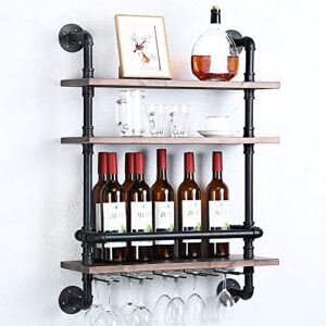 Industrial Hanging Wine Glass Rack Wall Mounted,24in Pipe Shelf Wine Rack with 5 Glass Holder,Rustic Wine Glass Holder Stemware Racks,Pipe Shelving Wood Shelves Floating Wine Glass Shelf