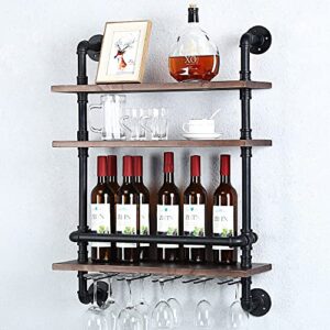 Industrial Hanging Wine Glass Rack Wall Mounted,24in Pipe Shelf Wine Rack with 5 Glass Holder,Rustic Wine Glass Holder Stemware Racks,Pipe Shelving Wood Shelves Floating Wine Glass Shelf