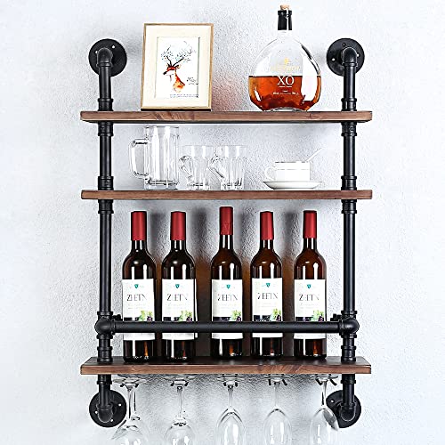 Industrial Hanging Wine Glass Rack Wall Mounted,24in Pipe Shelf Wine Rack with 5 Glass Holder,Rustic Wine Glass Holder Stemware Racks,Pipe Shelving Wood Shelves Floating Wine Glass Shelf