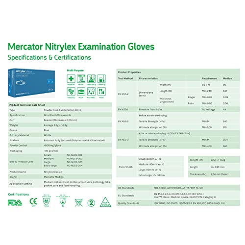 NITRYLEX Nitrile Medical Exam Gloves, Powder-Free, Latex-Free, Textured, Blue, Medium, 100, (PP6001)