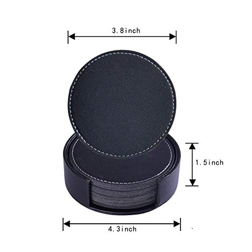 Coasters for Drinks, WAYIFON 8 PCS Premium PU Leather Coaster with Holder, 3.8 in Waterproof, Heat Resistant Drink Coaster-Protect Table from Stains, Water Rings and Damage, Housewarming Gift-Black