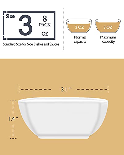 Dizada 8 PACK Dipping Bowls Set,Oven Safe - Ramekins for Baking Creme Brulee, 3 Oz Ceramic Soy Sauce Dish for BBQ sauce,Tomato Sauce, honey mustard and soy sauce, and other Party Serving Bowls Set