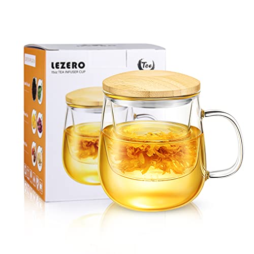 Lezero Glass Tea Infuser Cups with Strainer and Lid, 15 ounce Heat Resistance Borosilicate Glass Teacups for Blooming Tea & Loose Leaf Tea, Lead-free, Microwave & Dishwasher Safe - For Tea Lovers