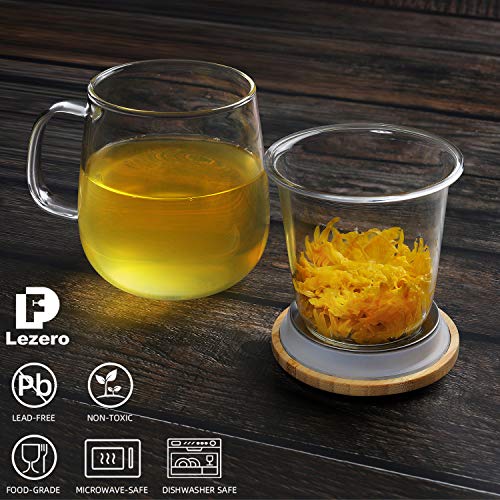 Lezero Glass Tea Infuser Cups with Strainer and Lid, 15 ounce Heat Resistance Borosilicate Glass Teacups for Blooming Tea & Loose Leaf Tea, Lead-free, Microwave & Dishwasher Safe - For Tea Lovers